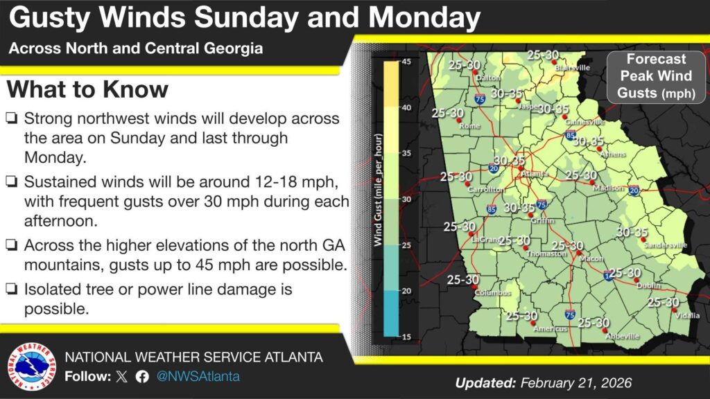 Strong winds hit most of Georgia today with gusts up to 45 mph