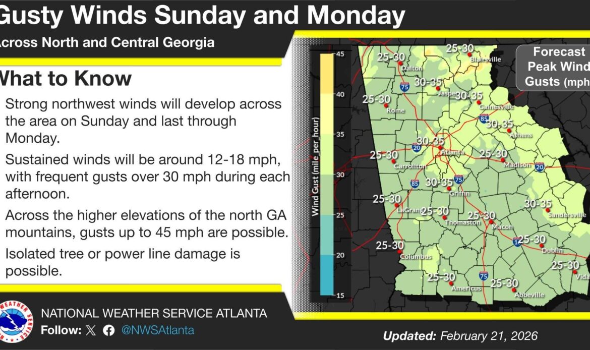 Strong winds hit most of Georgia today with gusts up to 45 mph